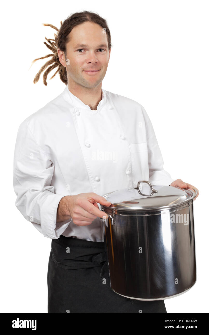 Photo of a young chef with dreadlocks holding a large cooking pot Stock ...