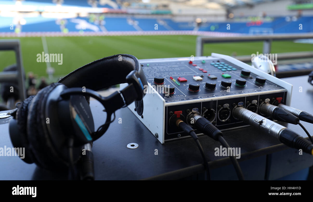 A BBC Radio commentary set up in the press seats at the AMEX Stadium ...