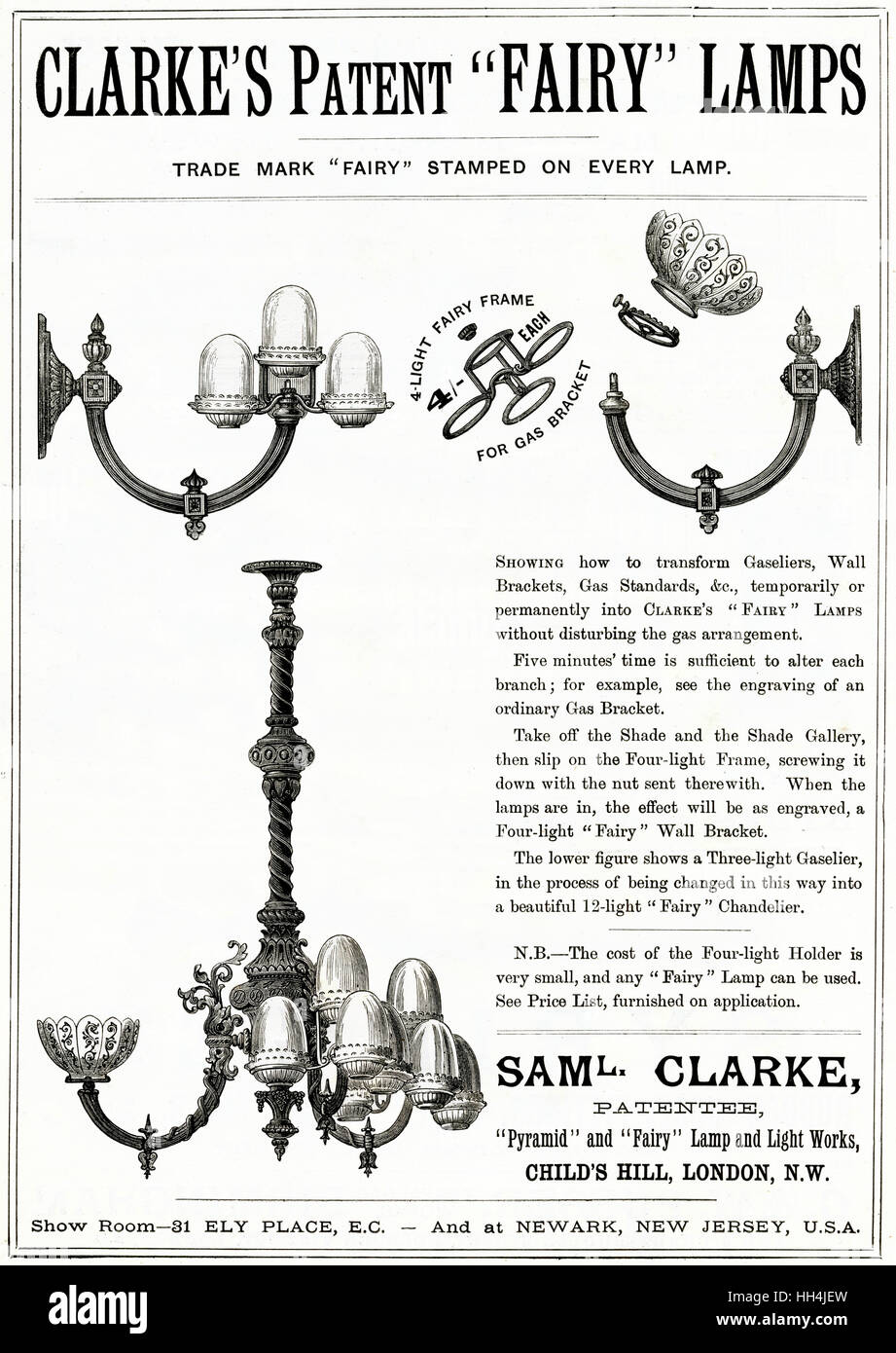 Advert for Clarke's Patent 'Fairy' lamps 1888 Stock Photo - Alamy