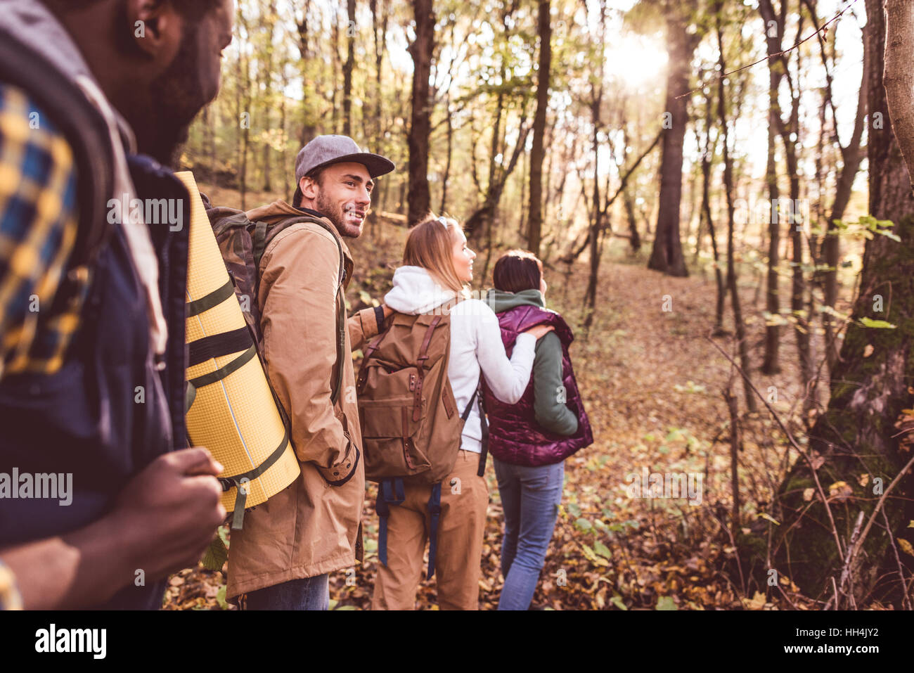 Four young backpackers walking in row in autumn forest at sunset Stock ...