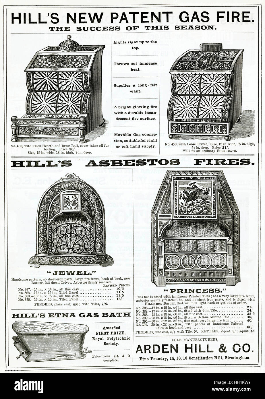 Advert for Arden Hill's & Co new patent gas fires 1888 Stock Photo - Alamy