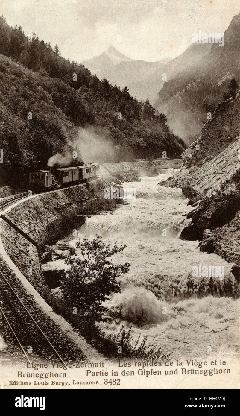 The Visp-Zermatt Railway Line by River Rhone, Switzerland Stock Photo ...