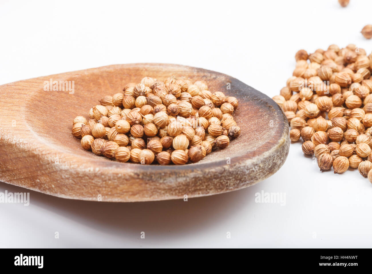 Aromatic color coriander seeds ingredient on white table with wooden ...