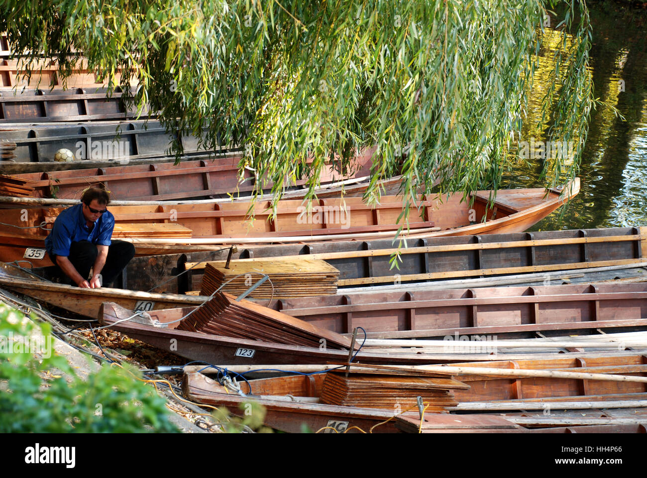 Punts on river Neckar near the Hoelderlin tower Tuebingen Baden ...