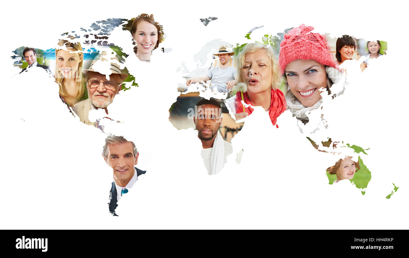 Faces of many people on world map as diversity concept Stock Photo - Alamy