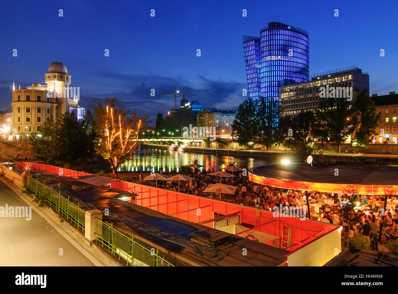 Wien, Vienna: beach bar Herrmann at the Danube canal with Urania ...