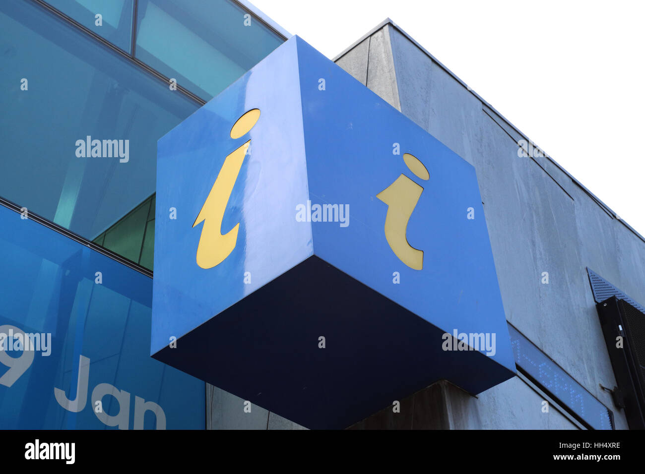 Tourist information sign with yellow letter "I" near Federation square ...