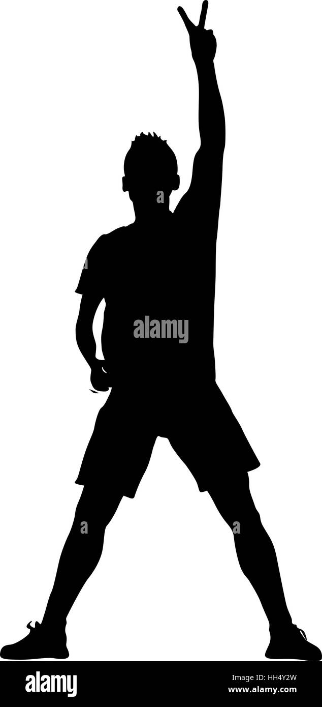 Silhouette man with his hand raised in the form of the letter V. Vector ...