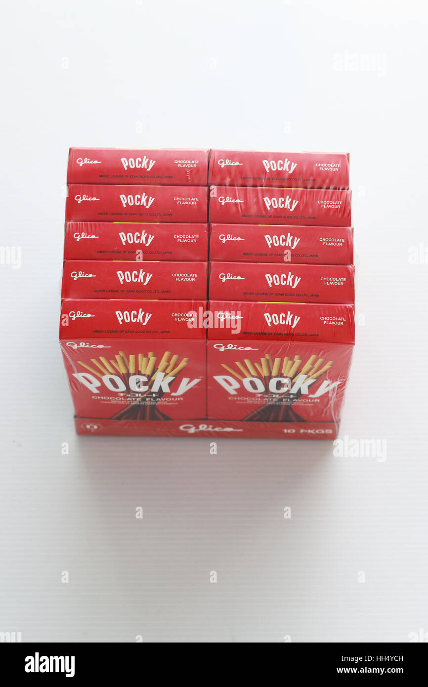 Close up of Pocky Chocolate flavour covered biscuit isolated against ...