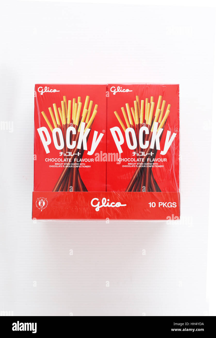 Close up of Pocky Chocolate flavour covered biscuit isolated against ...