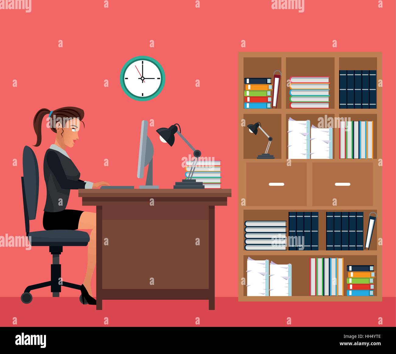 woman working office space desk bookshelf clock Stock Vector Image ...