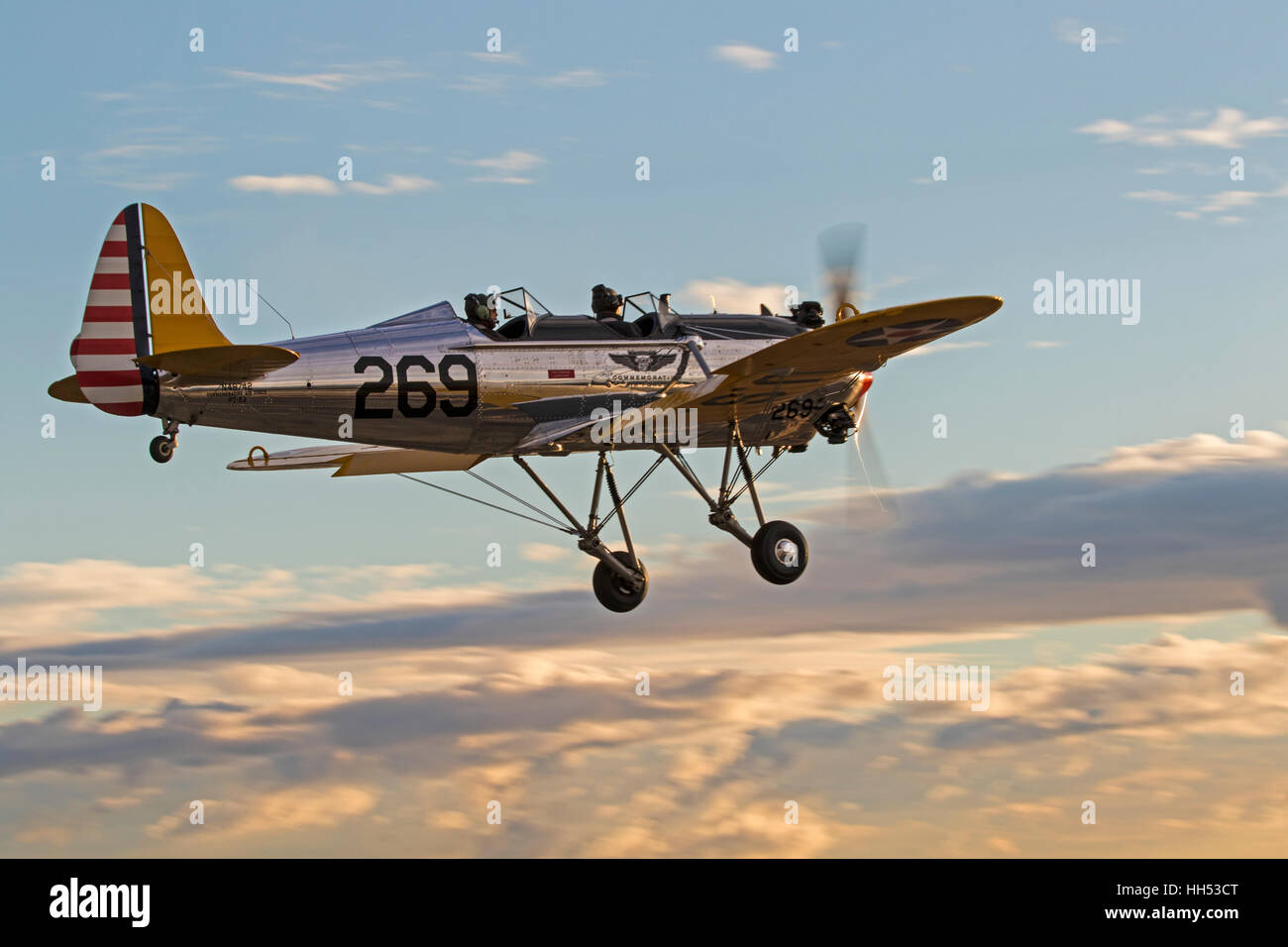 Airplane vintage Ryan PT-22 Recruit WWII training aircraft flying at ...