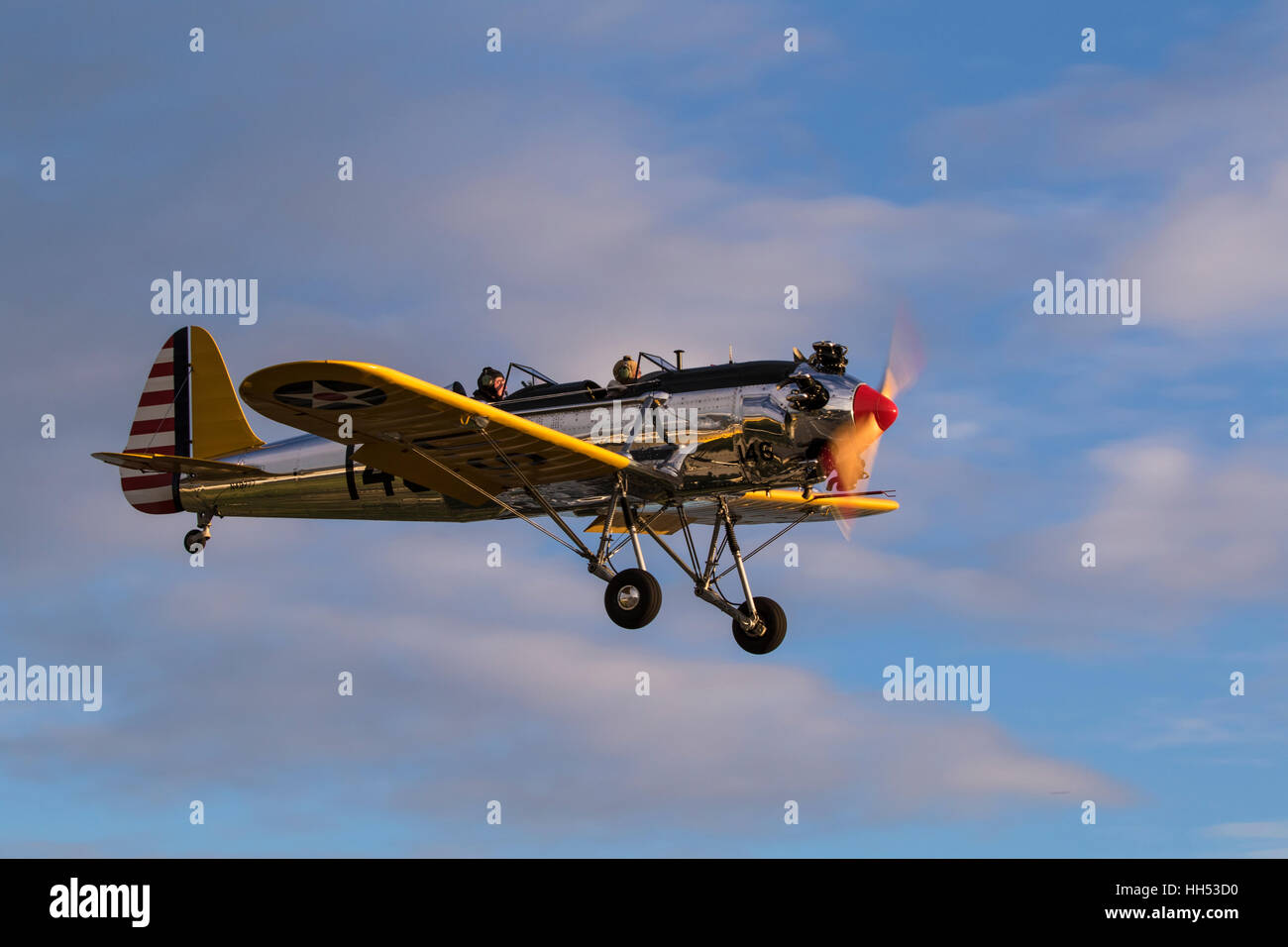 Airplane vintage Ryan PT-22 Recruit WWII training aircraft flying at ...