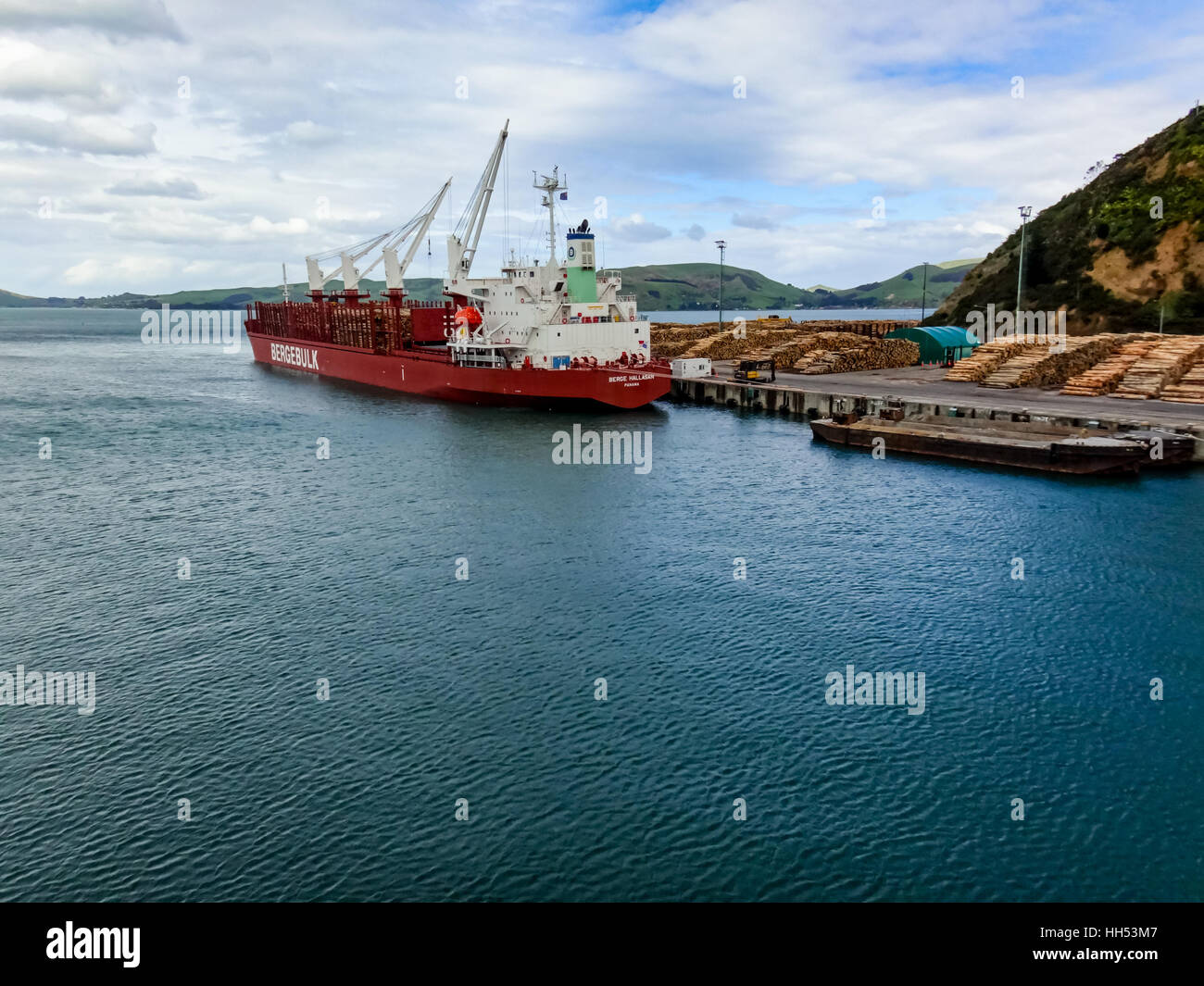 Wooden logs await loading onto ship for export at Port Chalmers ...