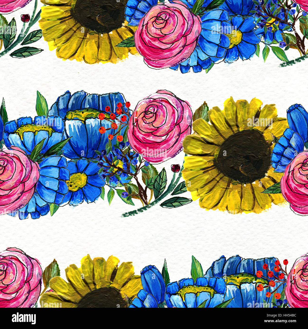 Seamless pattern with blue yellow and pink flowers Stock Photo - Alamy