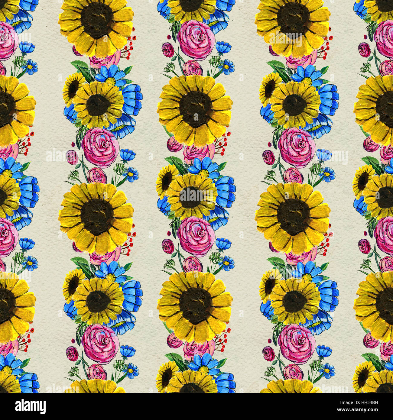 Seamless pattern with blue yellow and pink flowers Stock Photo - Alamy