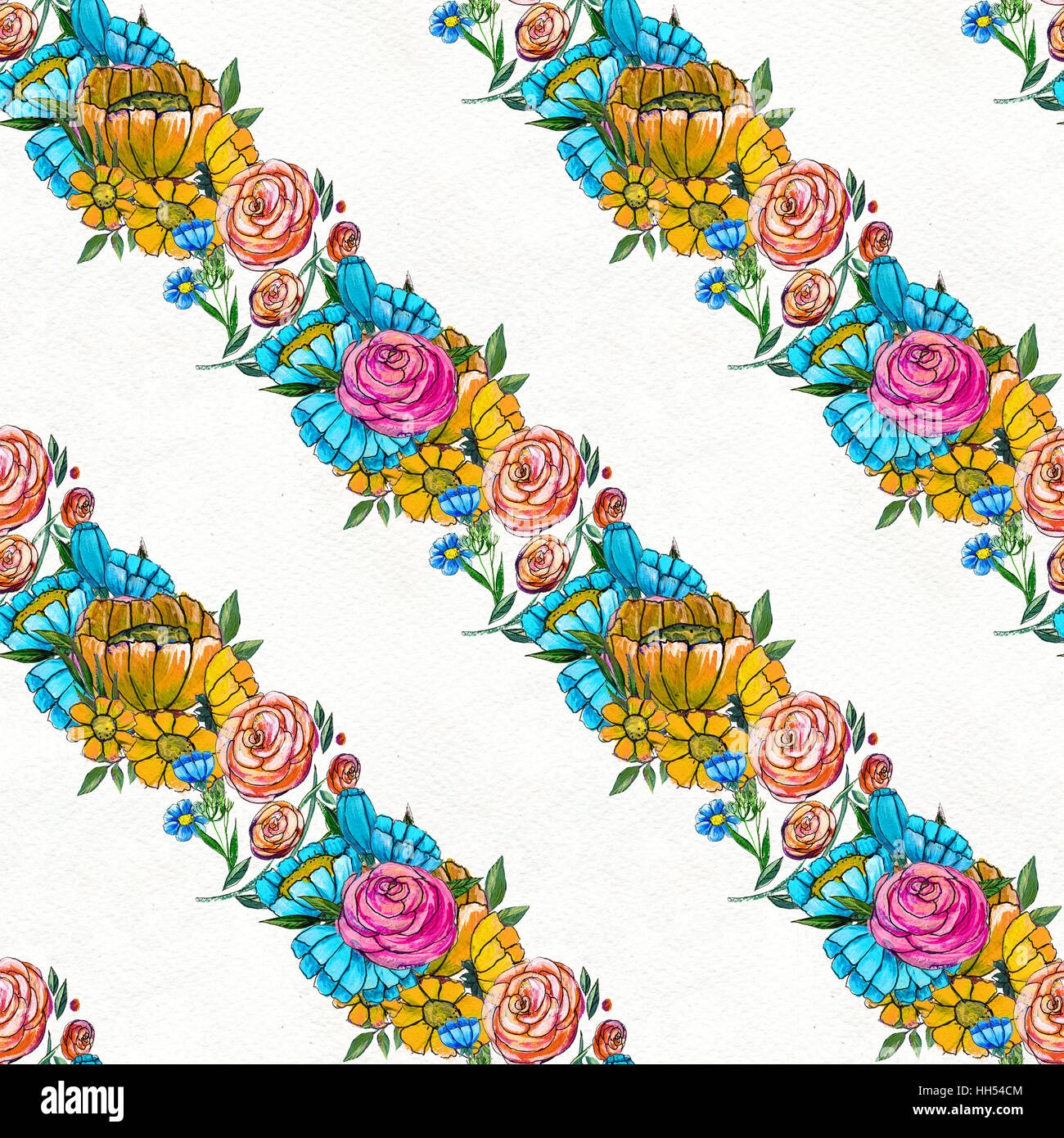 Seamless pattern with blue yellow and pink flowers Stock Photo - Alamy