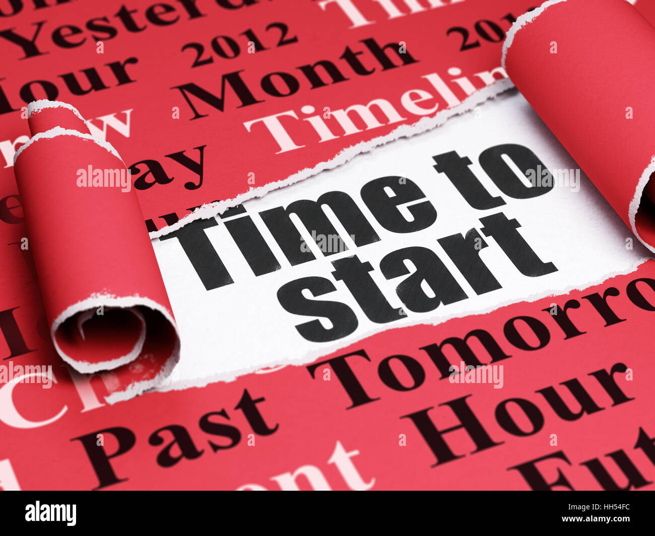 Time concept: black text Time to Start under the piece of torn paper ...