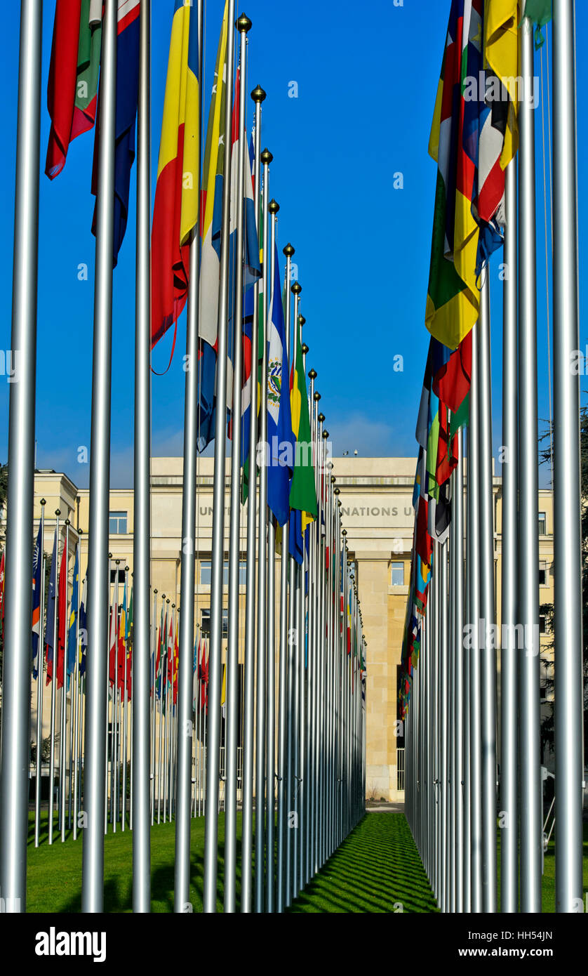 Court of flags at the United Nations Office at Geneva, UNO, Palais des ...