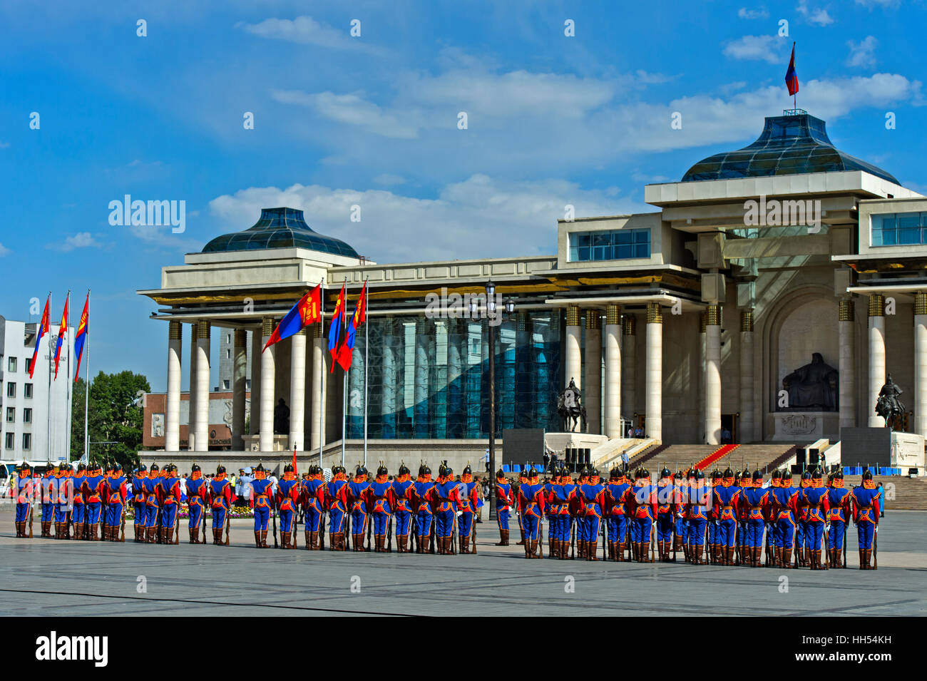 Parade of Mongolian Armed Forces Honorary Guard in traditional uniform ...
