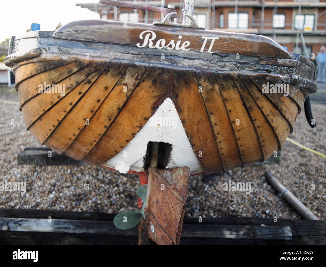 Clinker Fishing Boat hauled up on the shingle, Deal Beach, Kent UK ...