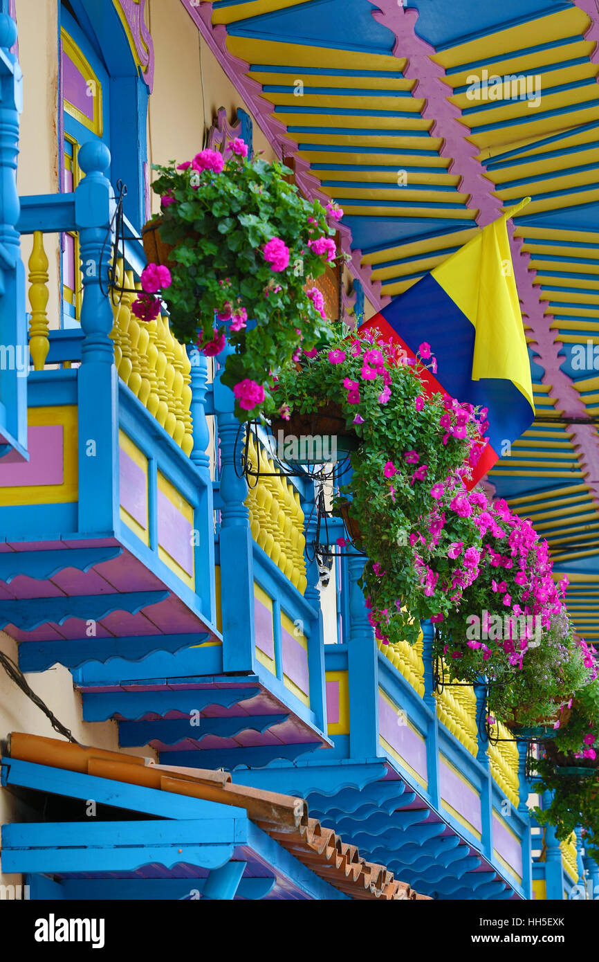 Brightly colored balconies with flowers in Filandia Colombia Stock ...