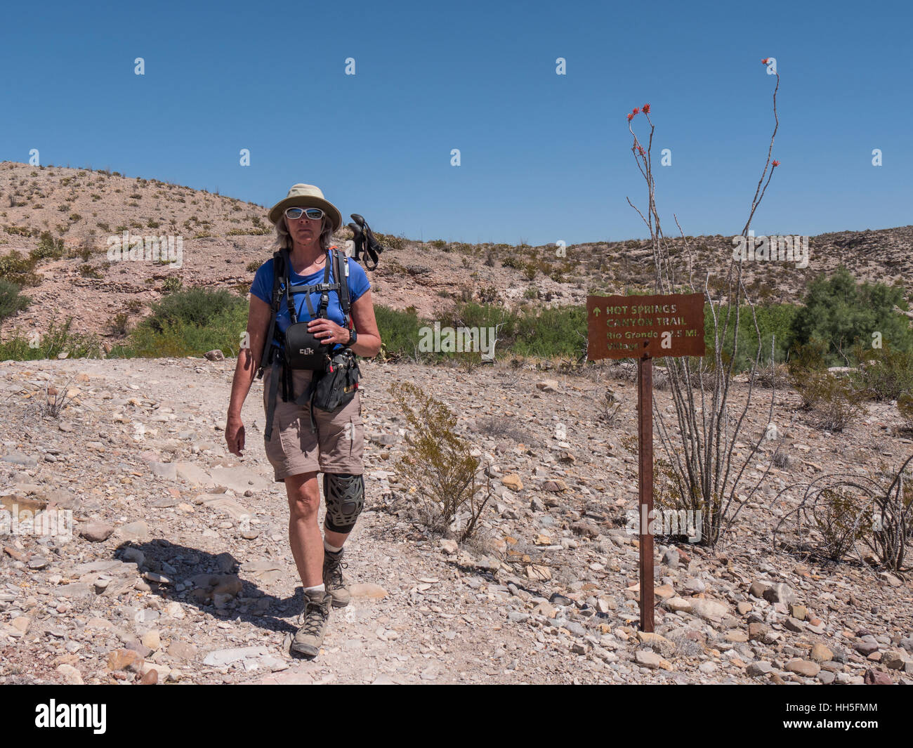 Woman hikes the Hot Springs Canyon Trail, Rio Grande Village, Big Bend ...