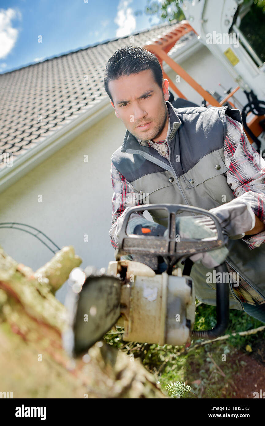 Gardener using a chainsaw Stock Photo - Alamy