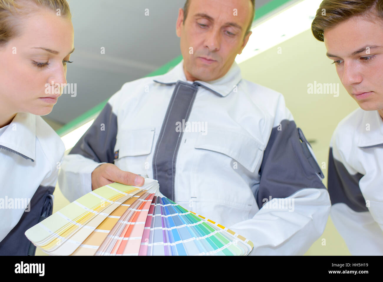 Decorators looking at color charts Stock Photo - Alamy