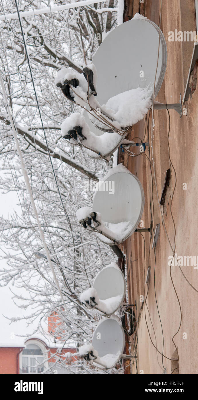 satellite dishes on building. A close up Stock Photo - Alamy