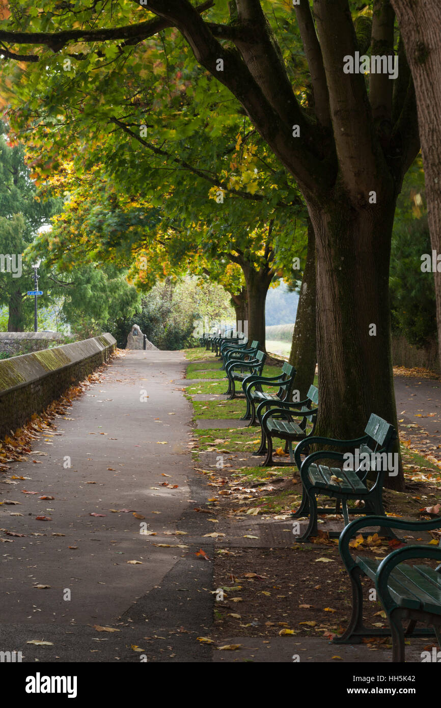 Wooden benches along the tree lined walk that overlooks the moat of the ...