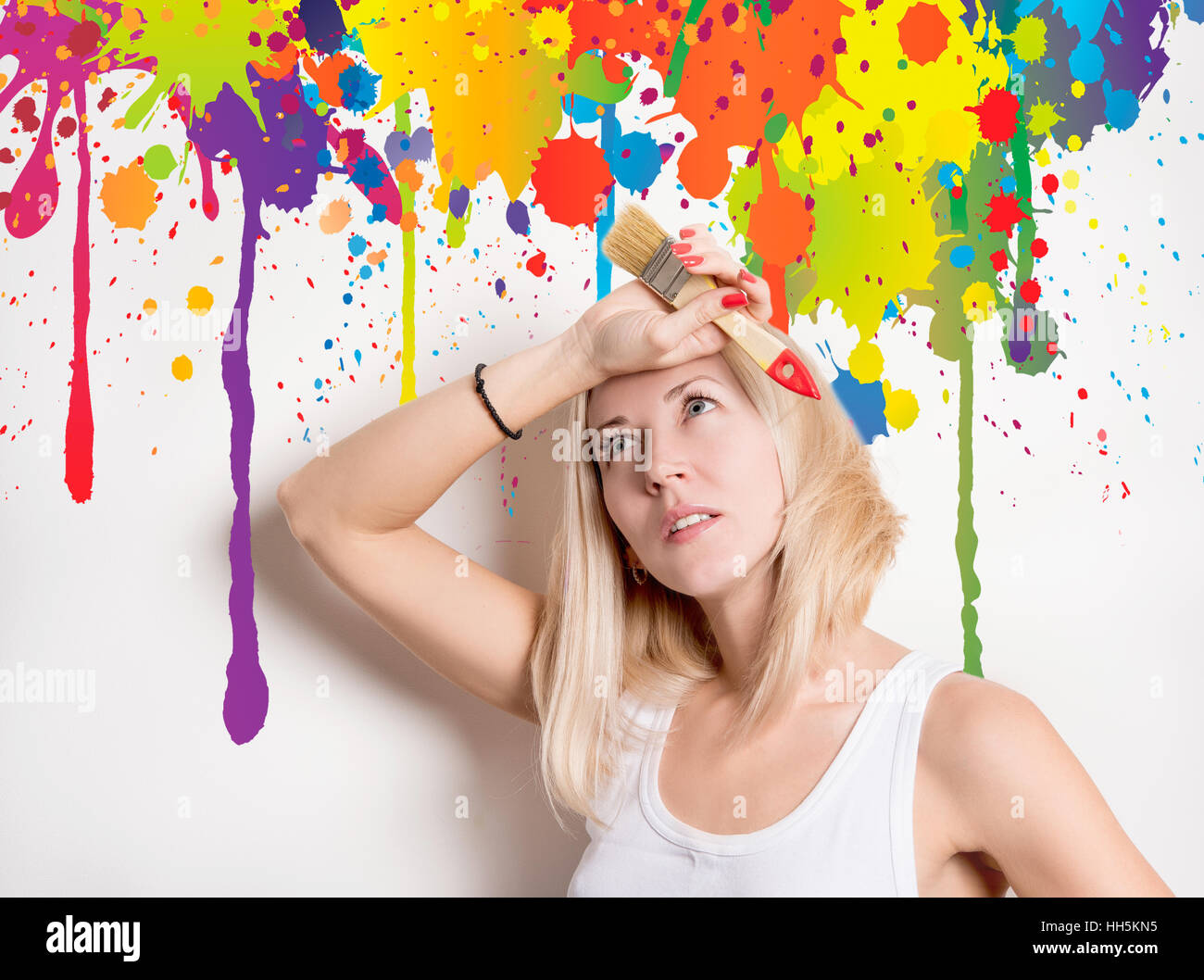 woman in the midst of colorful streaks Stock Photo - Alamy