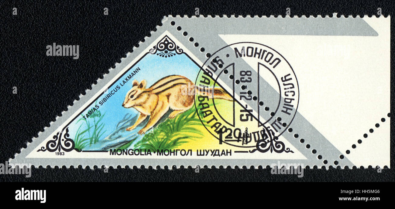 A postage stamp printed in Mongolia shows a Siberian chipmunk (Tamias ...