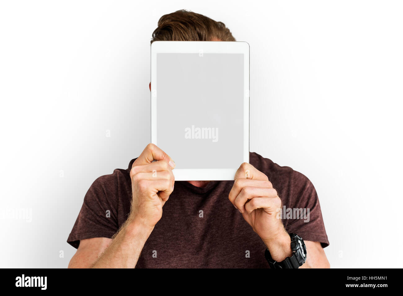 Man Digital Tablet Face Covered Copy Space Technology Concept Stock ...