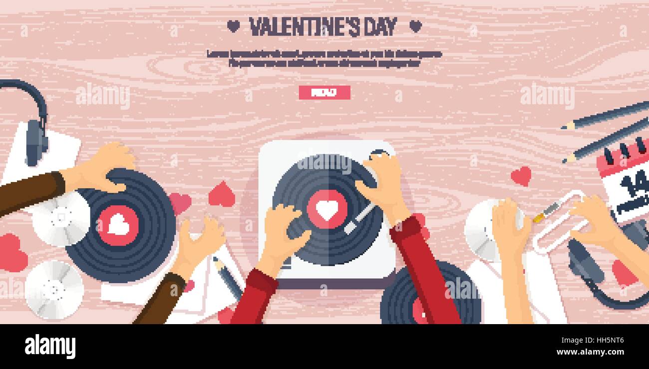 Vector illustration. Flat musical background with vinyl. Love, hearts ...