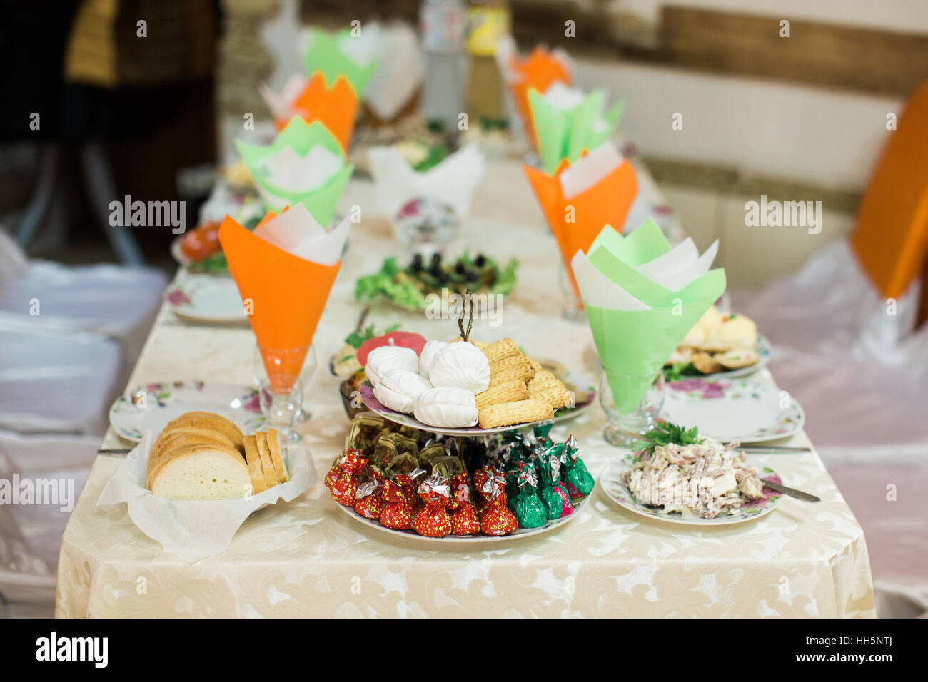 catering table set or served banquet table at restaurant Stock Photo ...