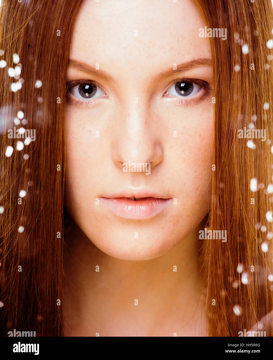 red hair woman with drops on her face Stock Photo - Alamy