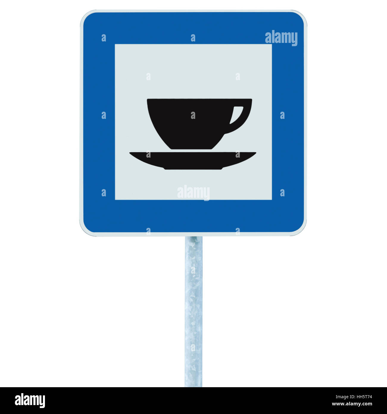 Restaurant road sign on post pole, traffic roadsign, blue isolated ...