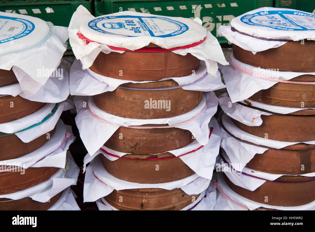 Buffalo curd (a type of yogurt) sold in clay ots in the market, Galle ...