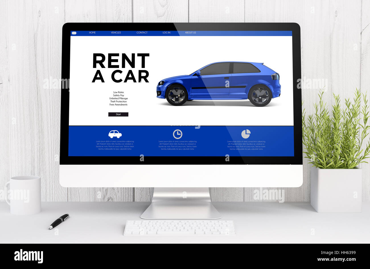 3d rendering rent a car on computer. All screen graphics are made up ...