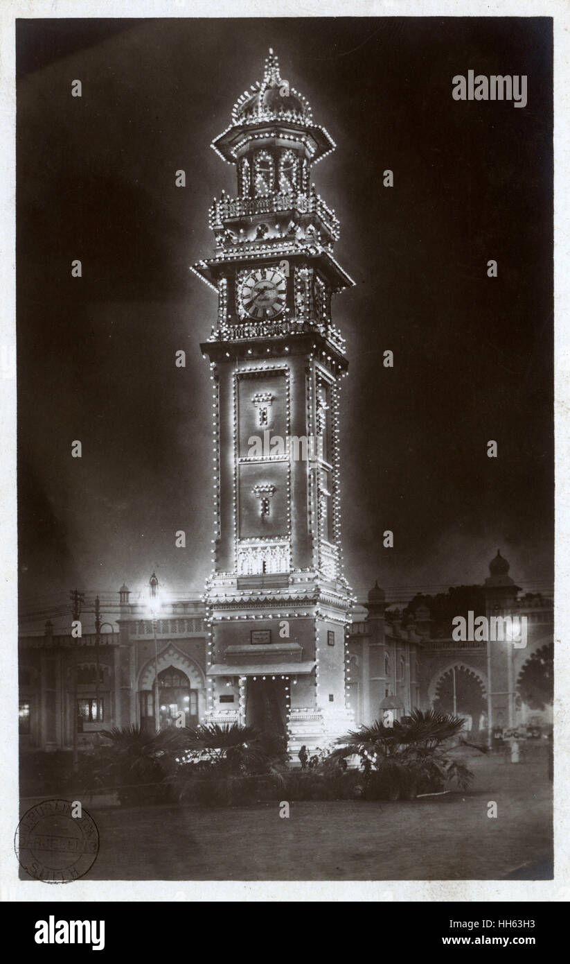 Illuminated clock tower, Allahabad, Uttar Pradesh, India Stock Photo ...