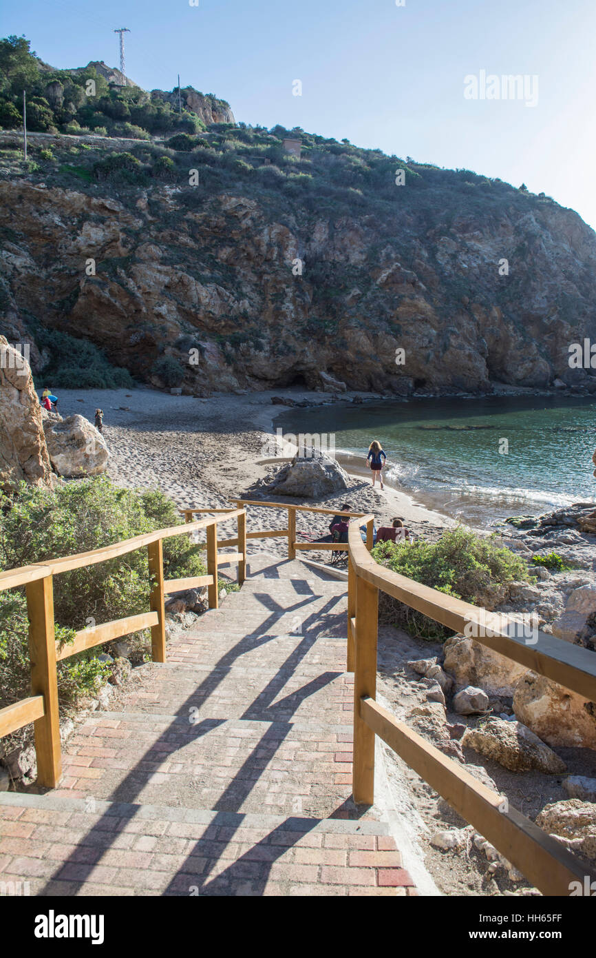 Walkway down to Cala Cortina beach at Cartagena in Murcia Spain Stock ...