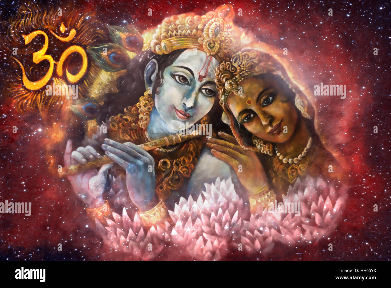 Krishna and Radha, beautiful hindu divine couple with om sign Stock ...