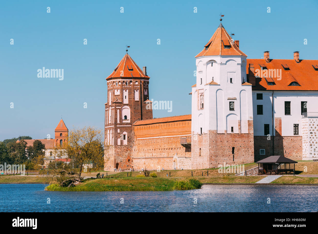 Mir, Belarus. Scenic View Of Mir Castle Complex From Side Of Lake ...