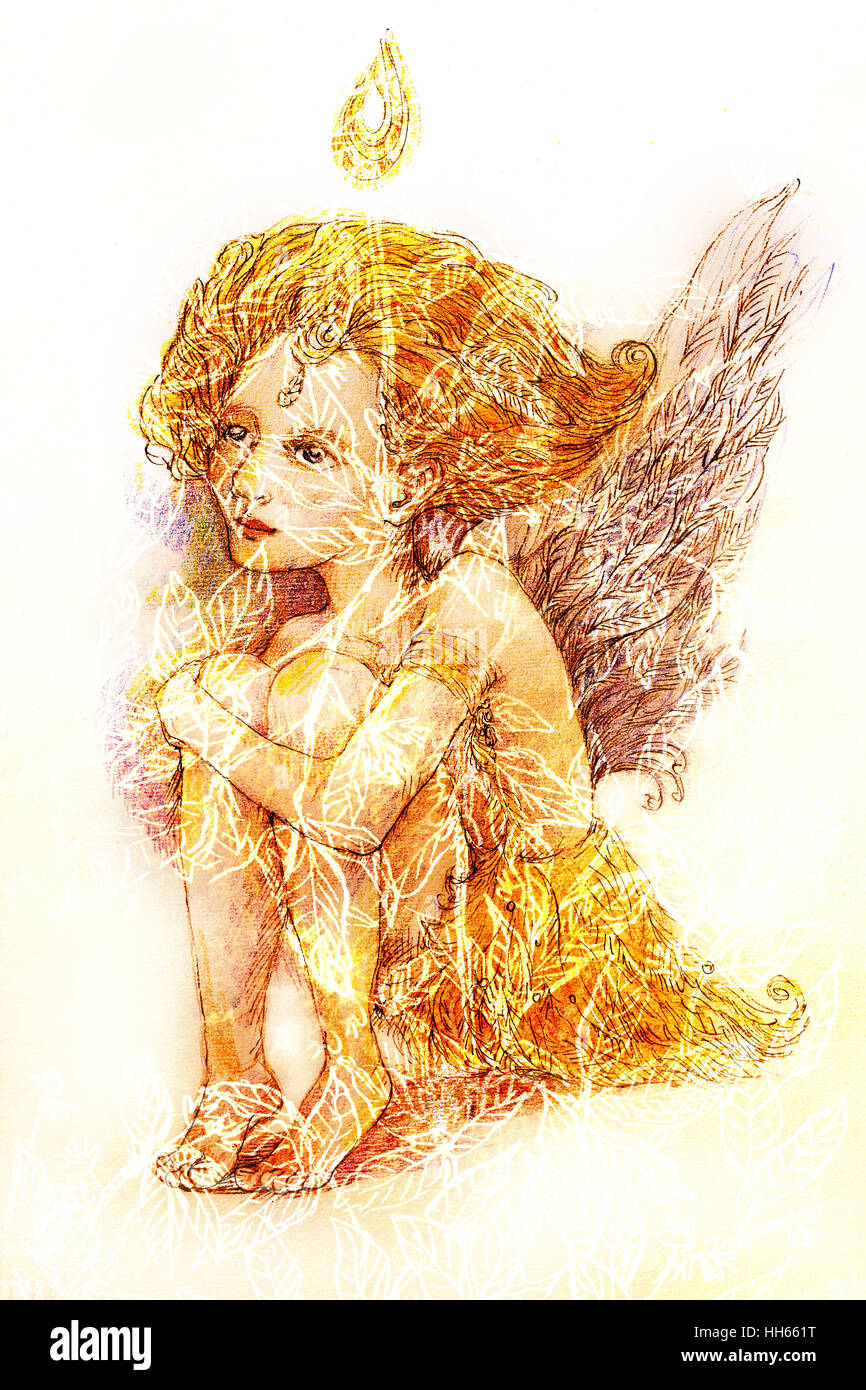 cute little sitting angel, colorful drawing and graphic pattern collage ...