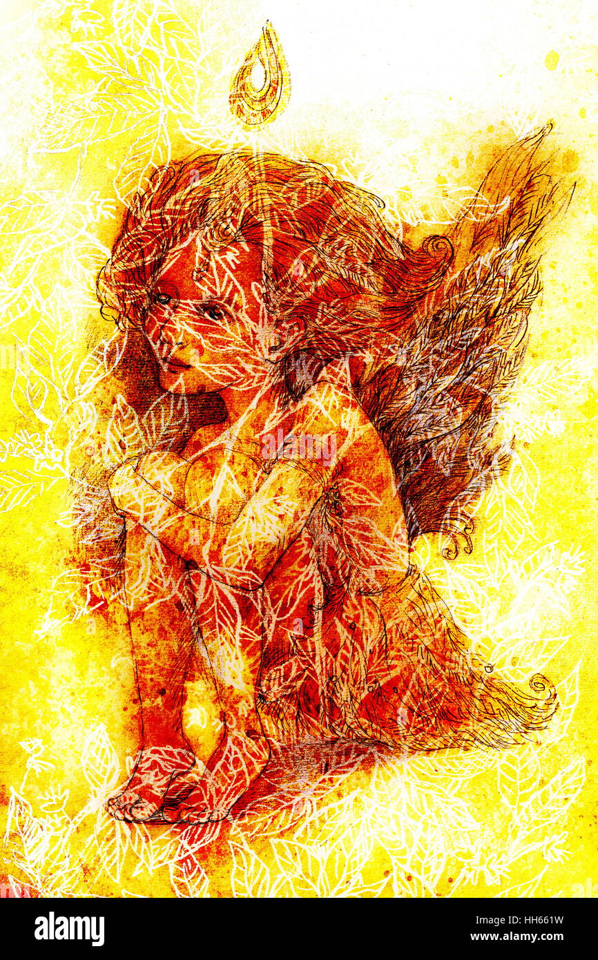 cute little sitting angel, colorful drawing and graphic pattern collage ...