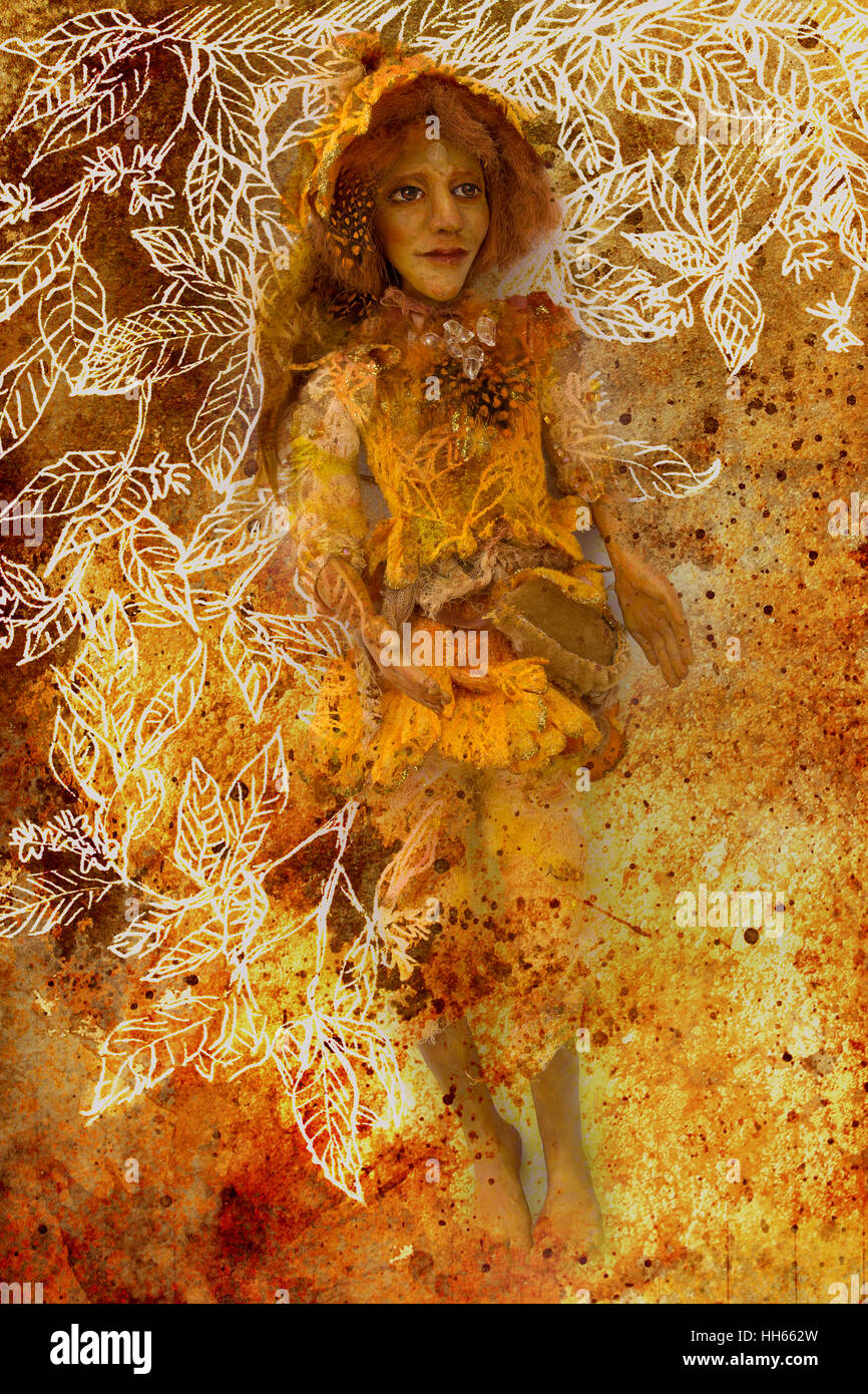 bright yellow sunny dwarf puppet figure on abstract ornamental ...