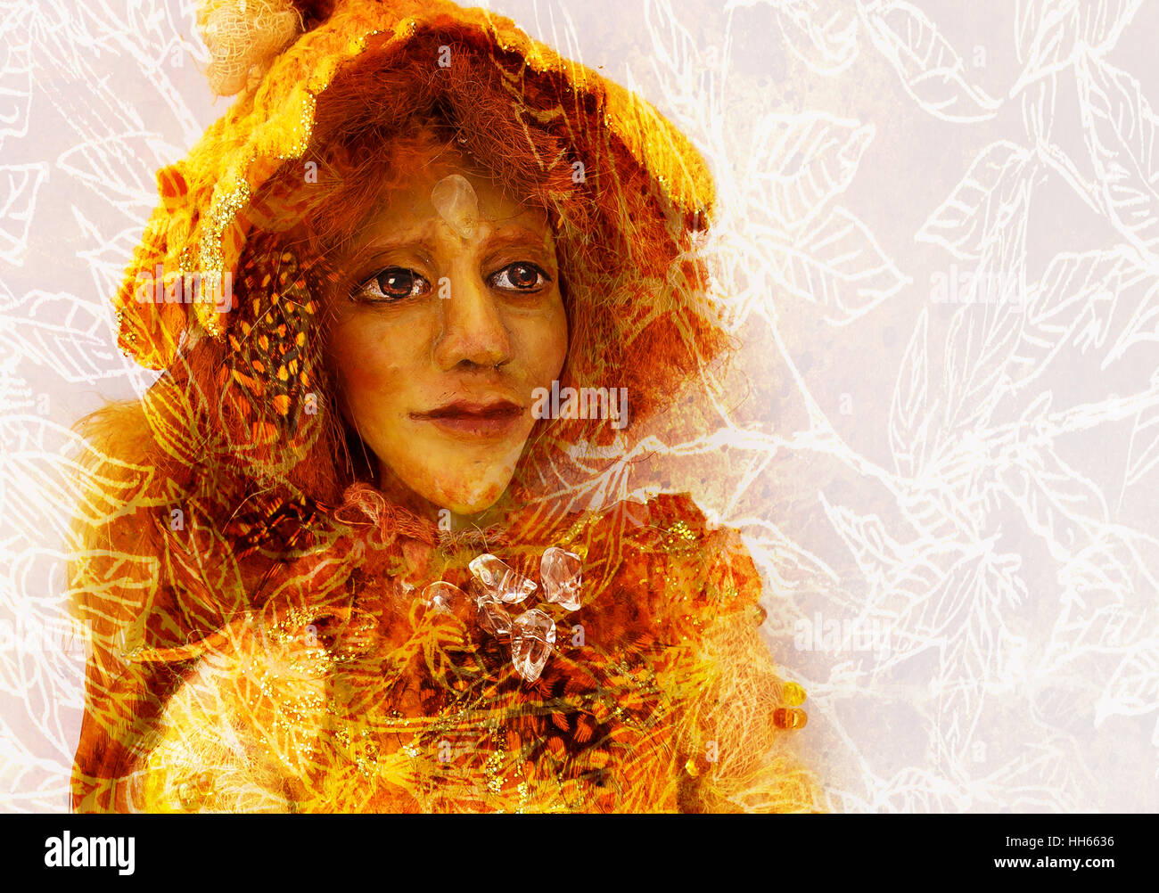 bright yellow sunny dwarf puppet figure on abstract ornamental ...