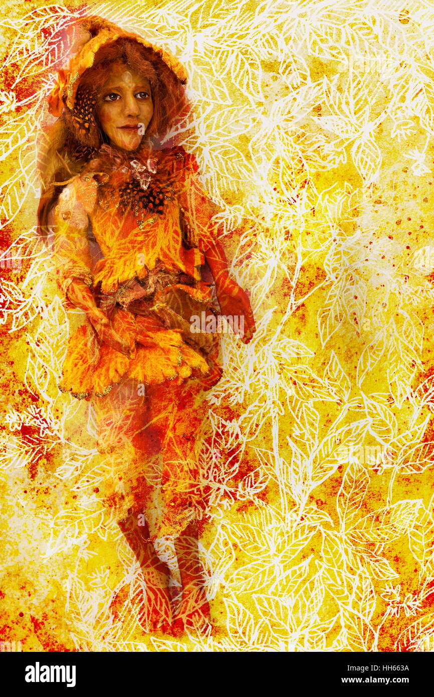 bright yellow sunny dwarf puppet figure on abstract ornamental ...