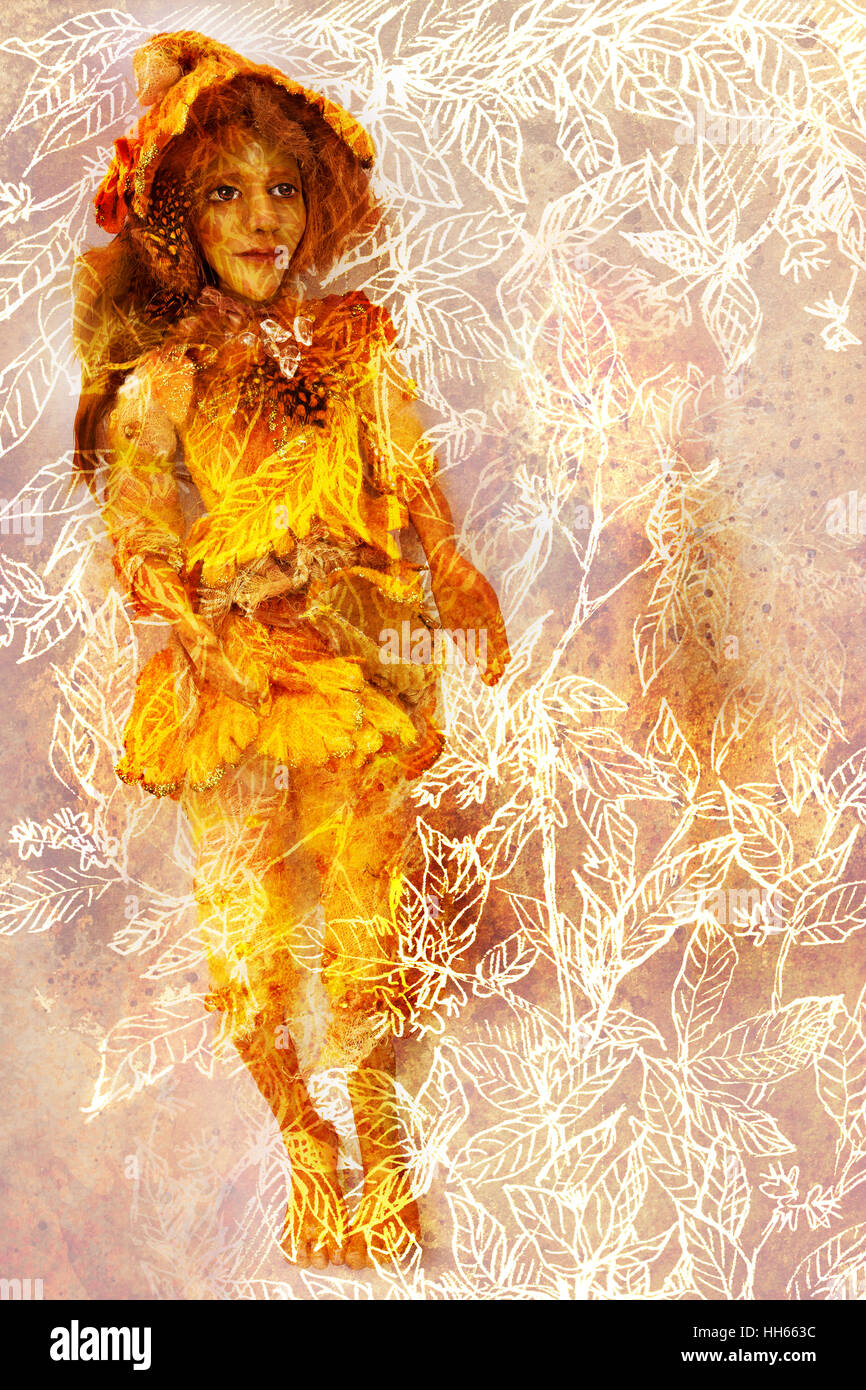 bright yellow sunny dwarf puppet figure on abstract ornamental ...